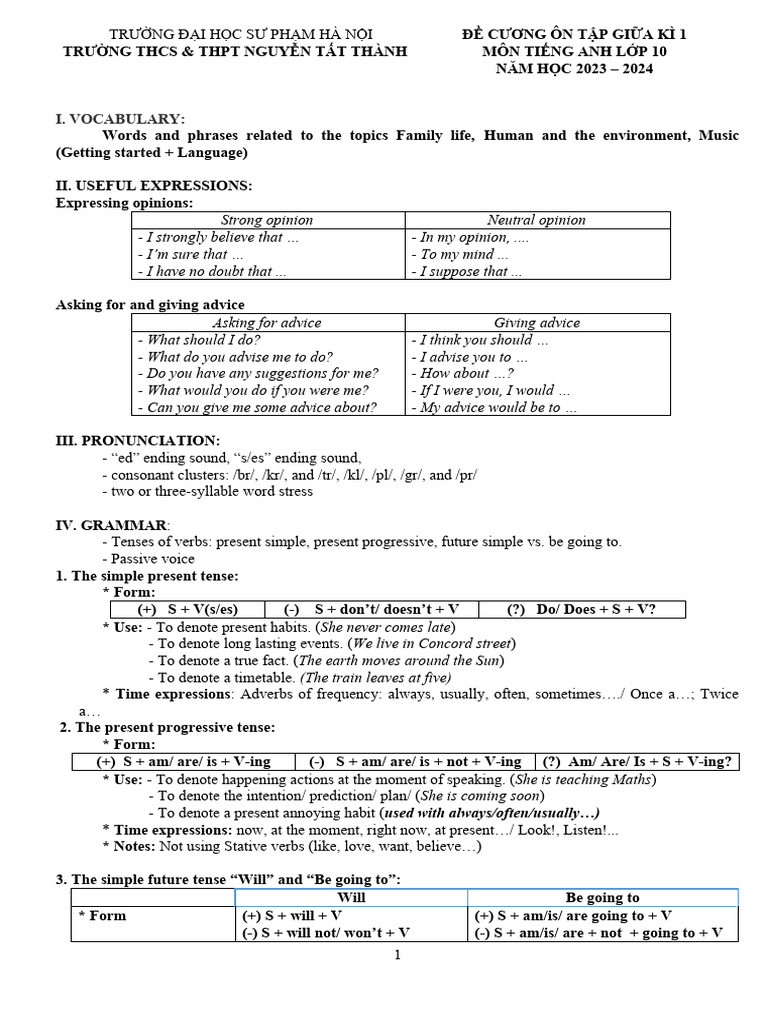 Anh 10 - Đề Cương GK1 - 23-24 | PDF | Verb | Grammatical Tense