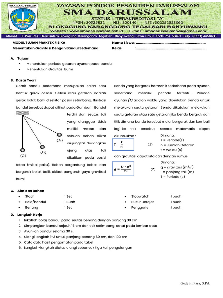 Modul Praktikum Gravitasi Bandul Sederhana | PDF