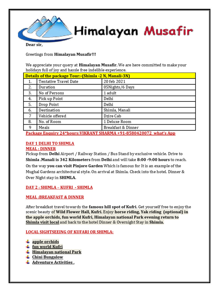 PATEL Sir Package Shimla Manalimanali 4 Person 20jun Travel Package | PDF