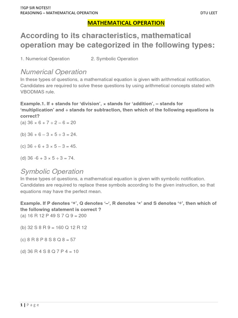 Dtu Leet - Reasoning - 4 - Mathematical Operation | PDF Dtu Leet - Reasoning - 4 - Mathematical Operation | PDF