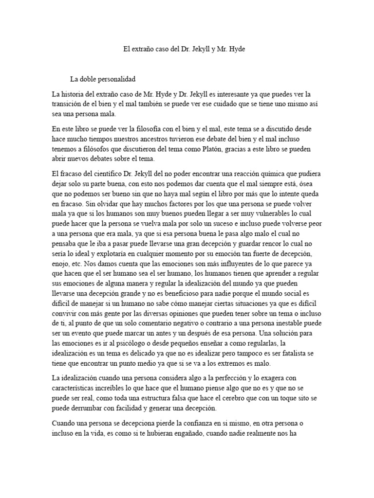 Ensayo El Extraño Caso Del DR Jekyll y MR Hyde | PDF | Extraño caso del Dr. Jekyll y el Sr. Hyde ...