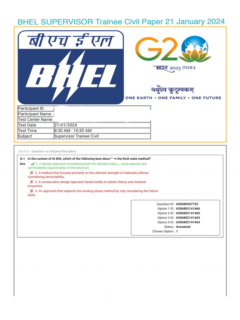 Bhel Supervisor Trainee Civil Paper 21 Jan 2024 | Download Free PDF ...