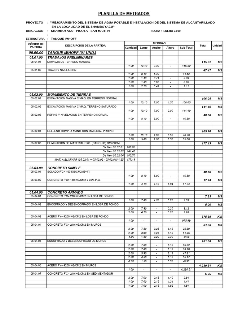 METRADOS TANQUE IMHOFF Shambo | PDF | Ingeniería Ambiental | Ingeniería hidráulica