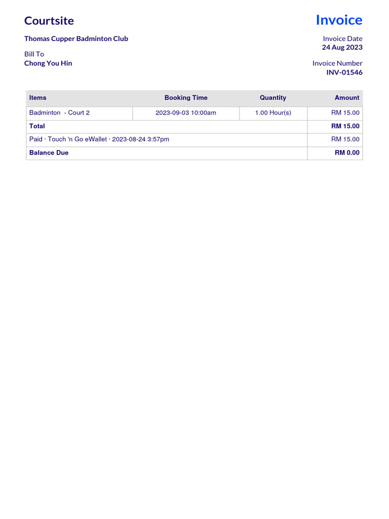 Badminton Court Booking Invoice | PDF