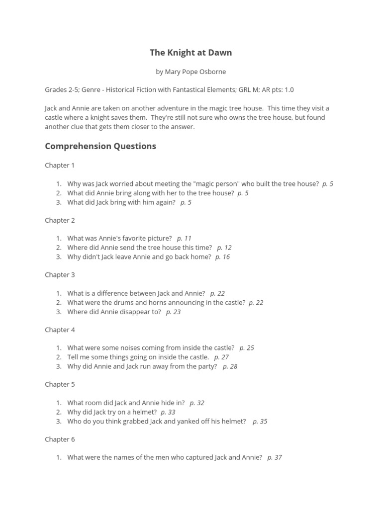 The Knight at Dawn - Comprehension Questions | PDF | Mystery, Thriller ...