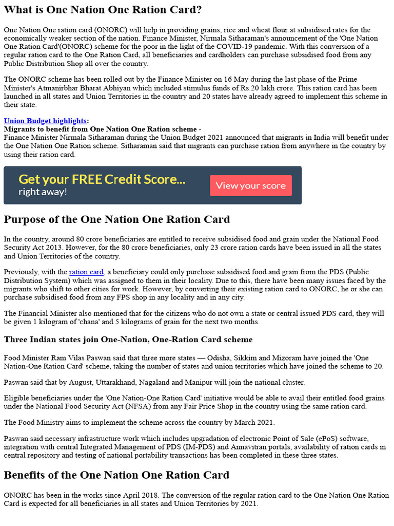 One Nation One Ration Card Scheme (All You Need To Know) | PDF ...