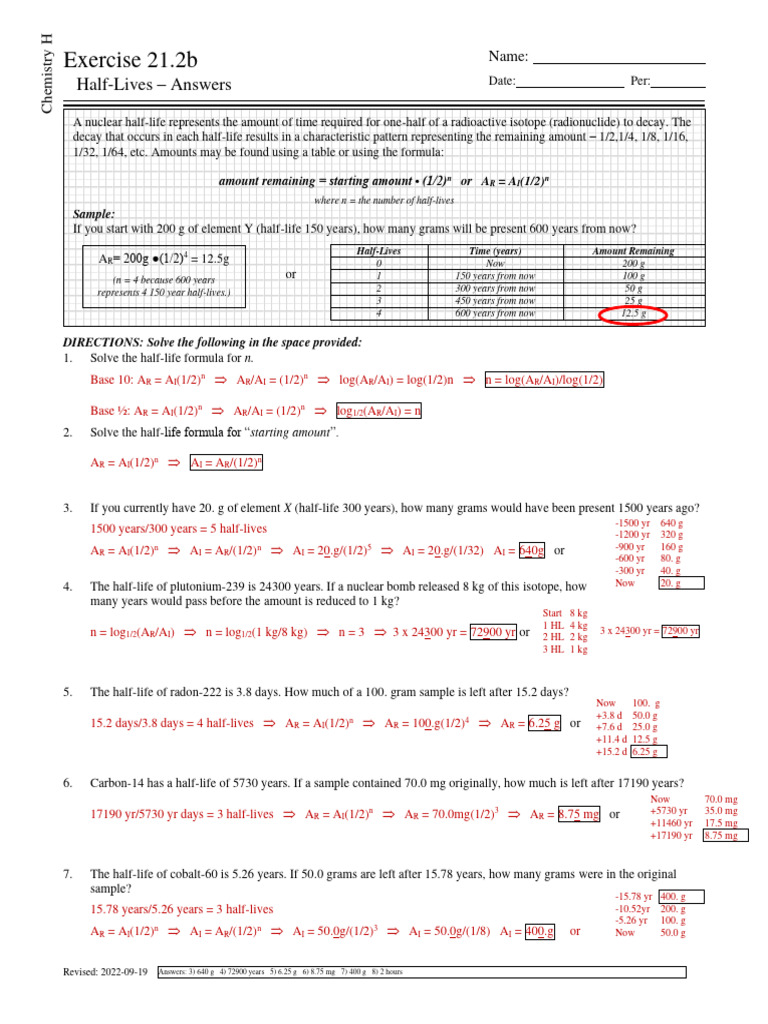 Half-Life Calculations and Answers | PDF | Radionuclide | Radioactive Decay