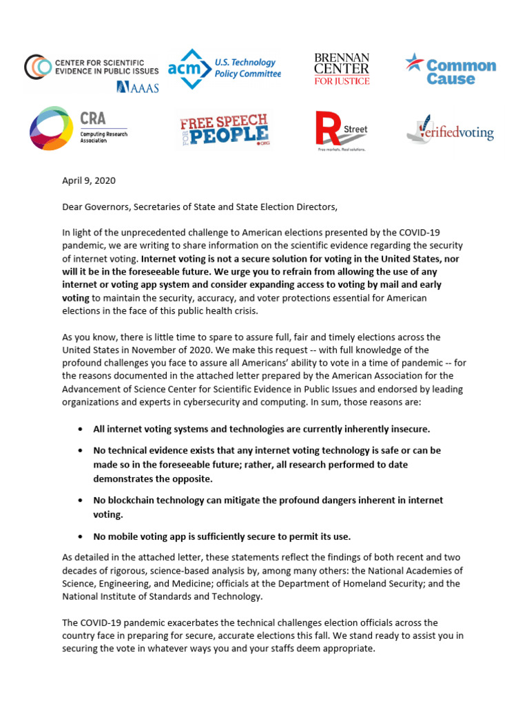 AAAS EPI Center Group Letters On Internet Voting Combined 582020 | PDF ...