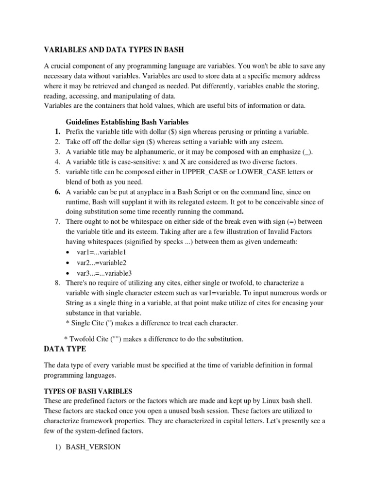 Variables And Data Types In Bash Pdf Variable Computer Science Data Type
