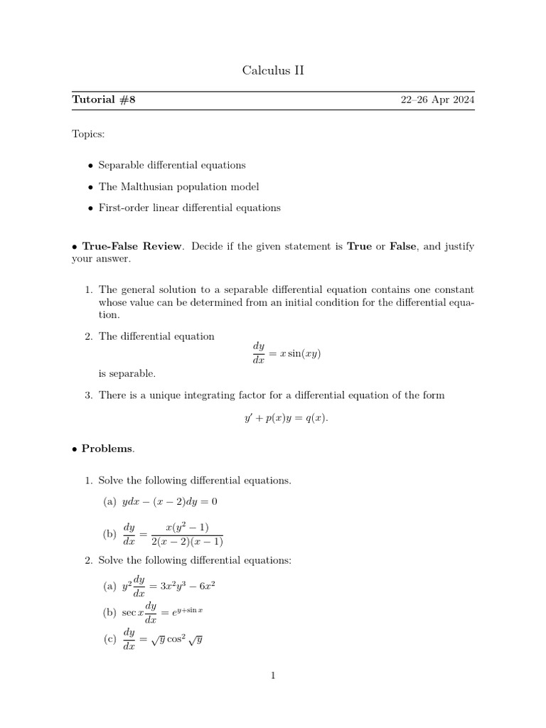 Calculus II - Tutorial #8 | PDF | Equations | Differential Equations