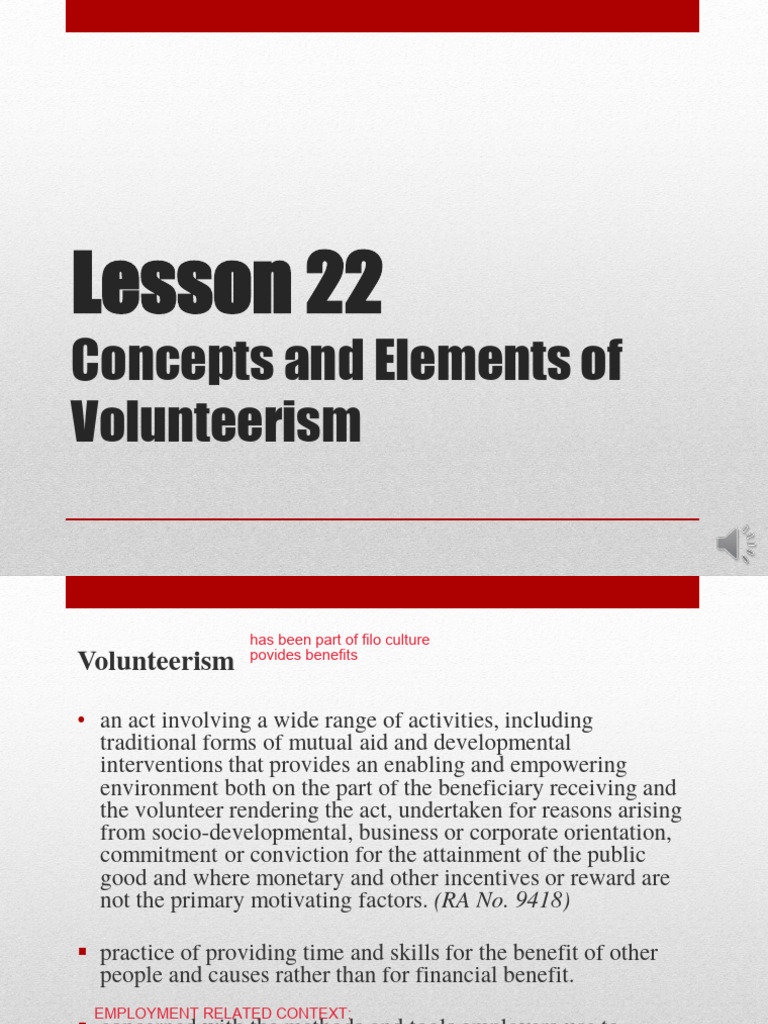 Lesson 22 Concepts and Elements of Volunteerism | PDF | Volunteering ...