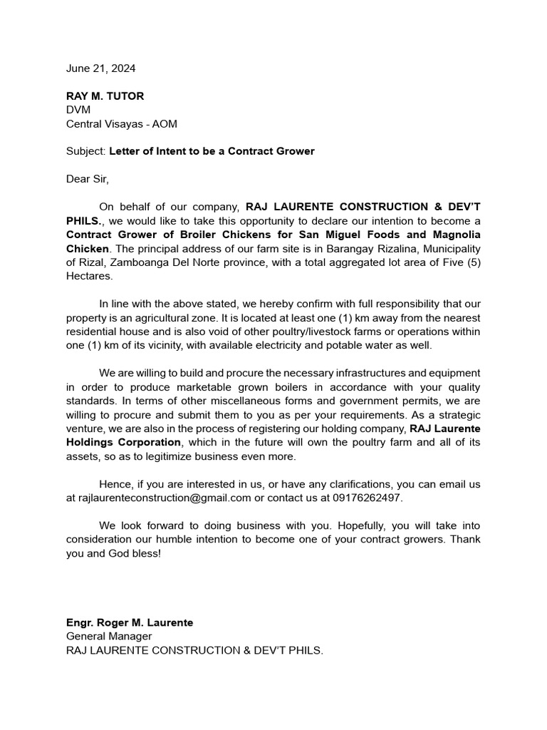 Letter of Intent Contract Grower | PDF