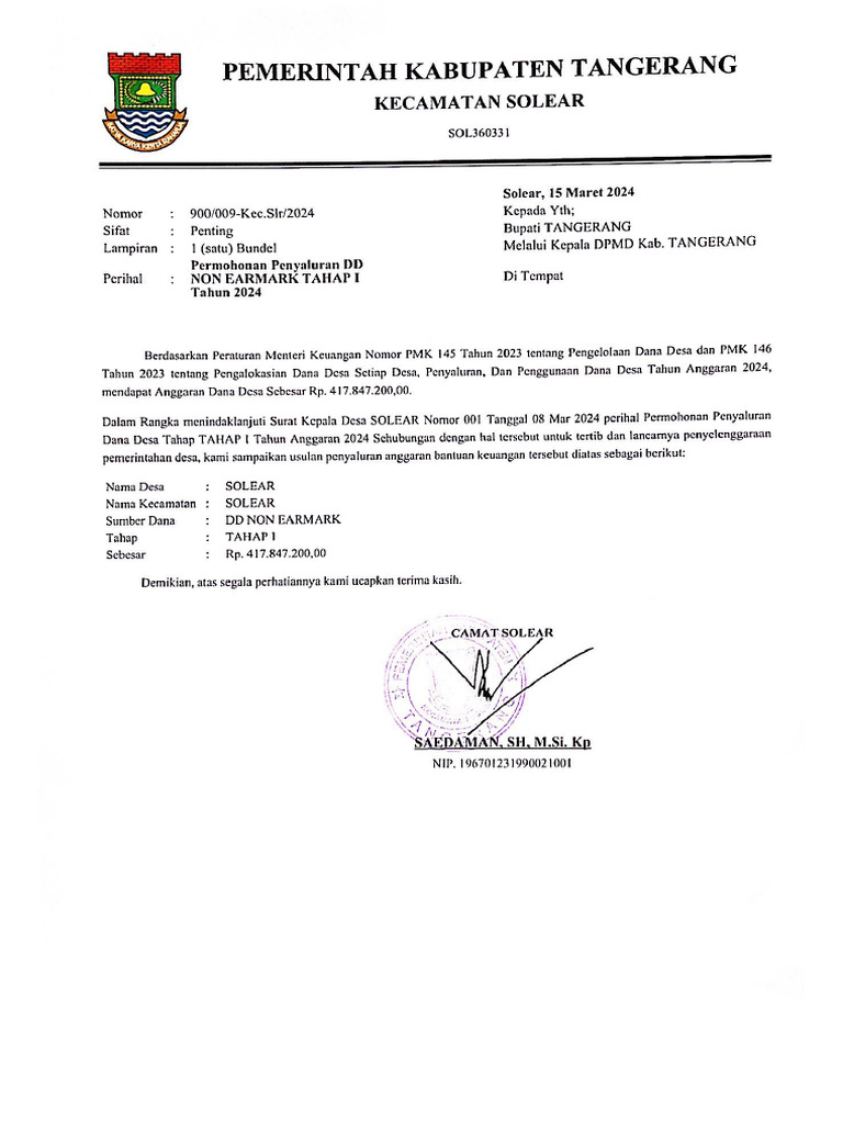 Surat Pengantar Penyaluran Dari Camat DD - NON - EARMARK - SOLEAR | PDF
