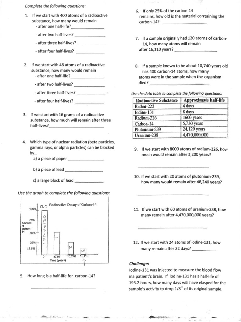Half Life 1 and Decay 2 Practice and KEY | PDF