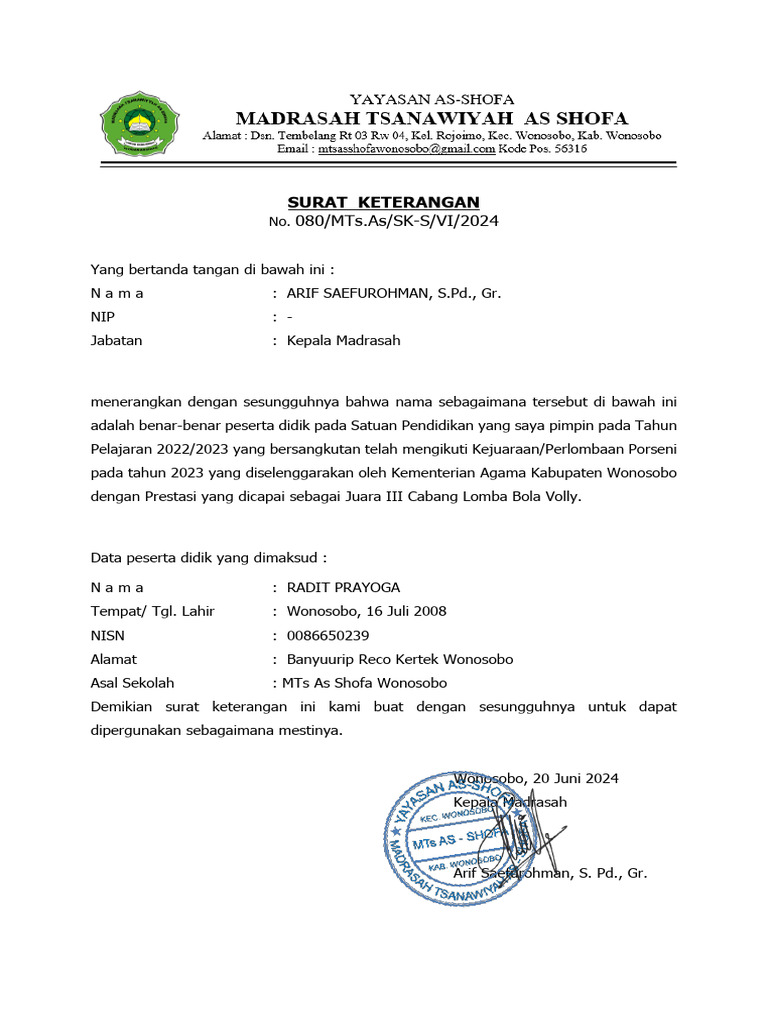 Surat Keterangan Juara Lomba | PDF