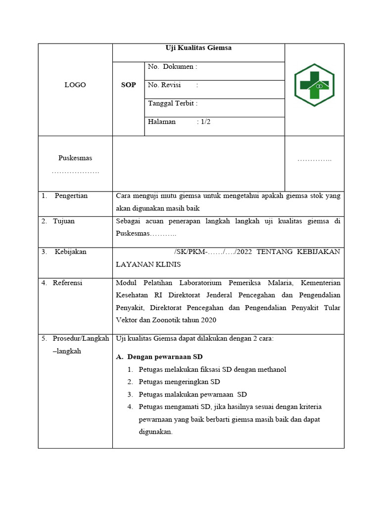 Puskesmas - SOP Uji Kualitas Giemsa | PDF