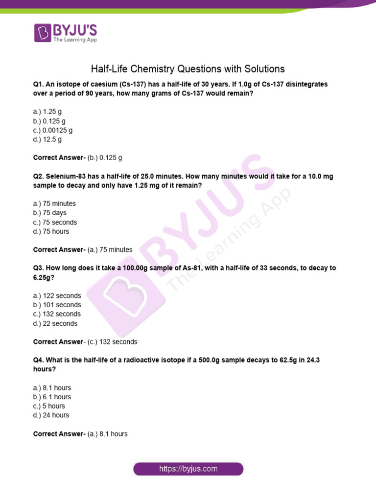 Half Life Questions | PDF | Radioactive Decay | Radionuclide