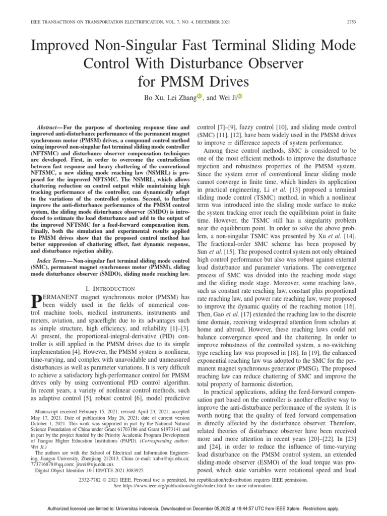 Improved Non-Singular Fast Terminal Sliding Mode Control With Disturbance Observer For PMSM ...