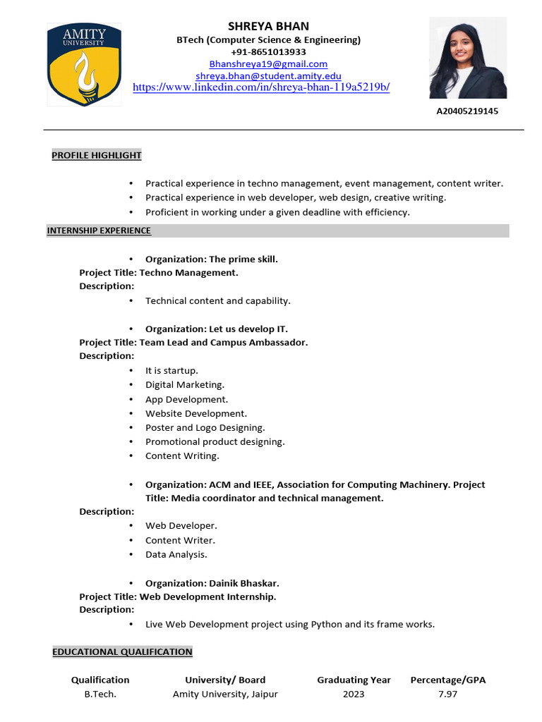 Shreya Bhan Cv-1 | PDF | Web Development | Computer Science