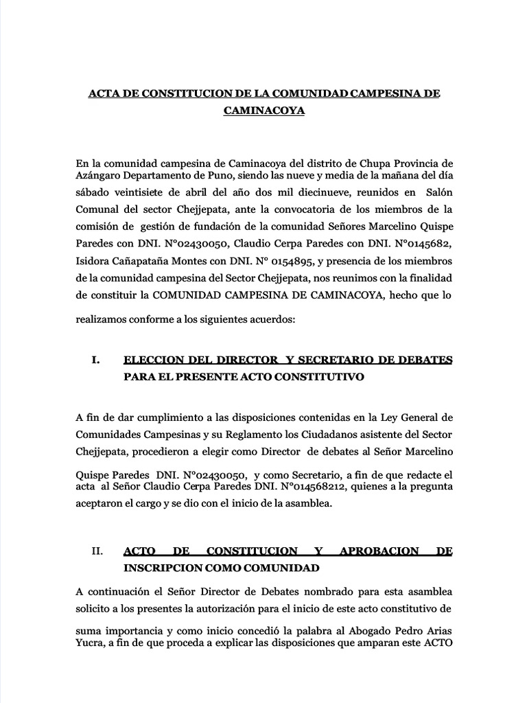 pdf-acta-de-constitucion-de-la-comunidad-campesina-de-caminacoya_compress | PDF | Votación ...