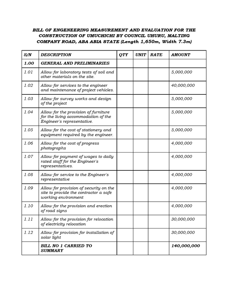 Bill of Engeneering Measurement and Evaluation For The Reconstruction ...