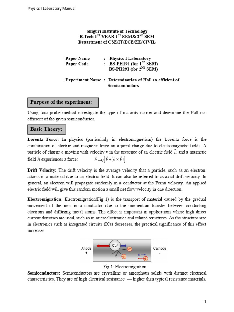 Hall Effect Experiment Lab Manual | PDF | Semiconductors | Electrical ...