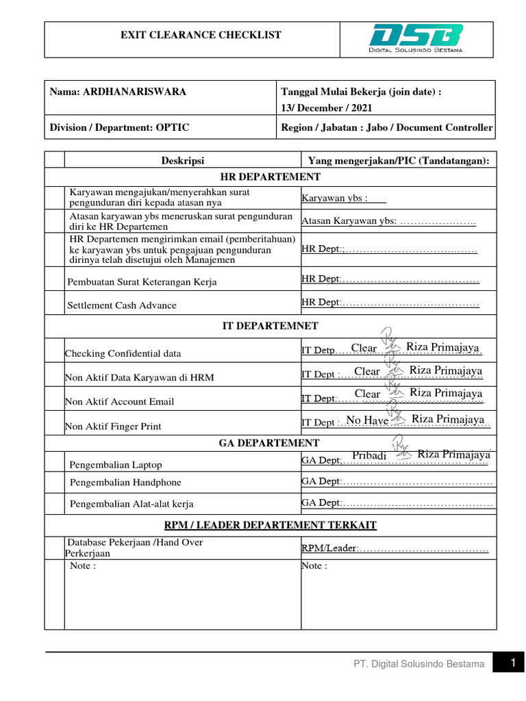 Form - Exit Clearance Ardhan | PDF