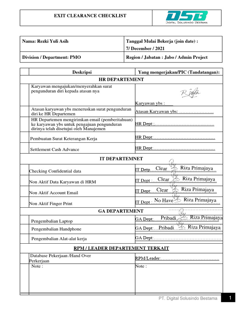 Exit Clearance Checklist Karyawan Resign | PDF
