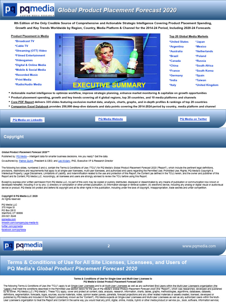 PQ Media Global Product Placement Forecast 2020 Executive Summary 1 | PDF | Copyright | Advertising