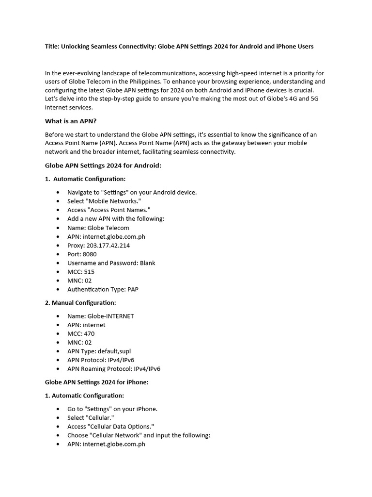 Globe Apn Pdf Internet I Pv6