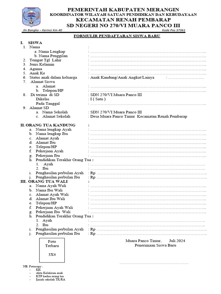 Formulir Pendaftaran Siswa Baru SDN 270 | PDF