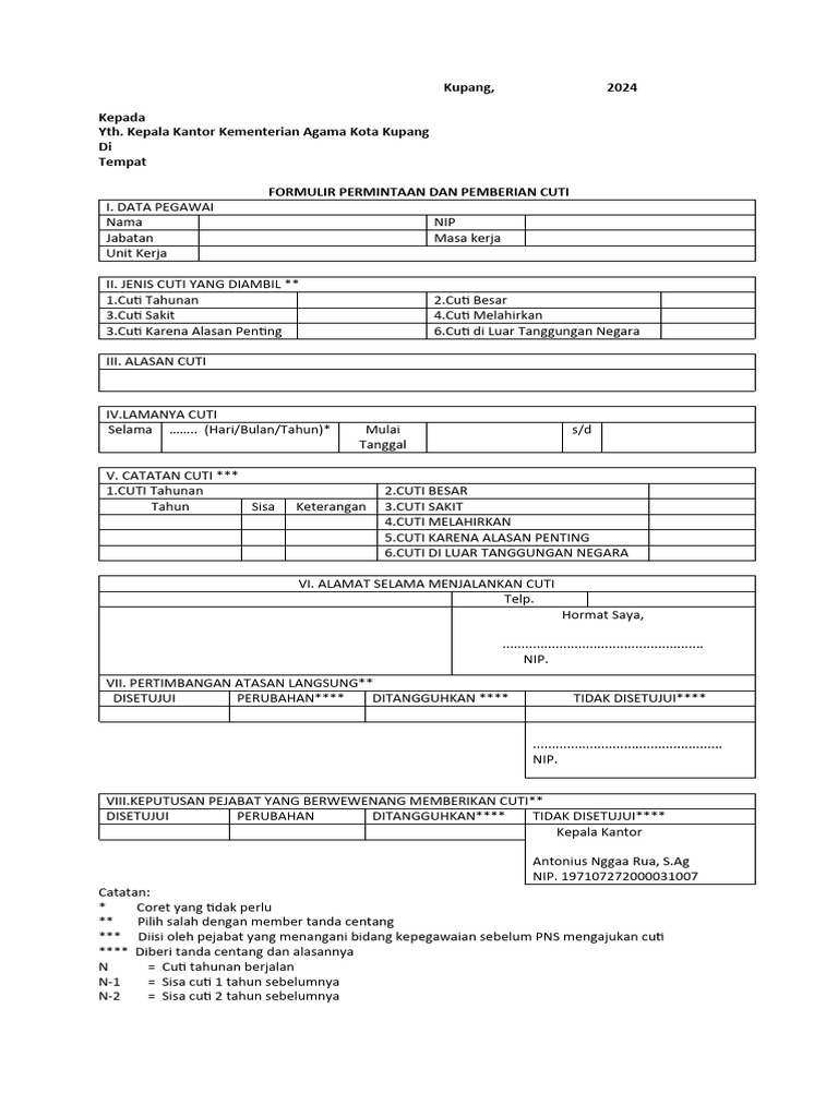 Formulir Permintaan Cuti Pegawai Kemenag | PDF