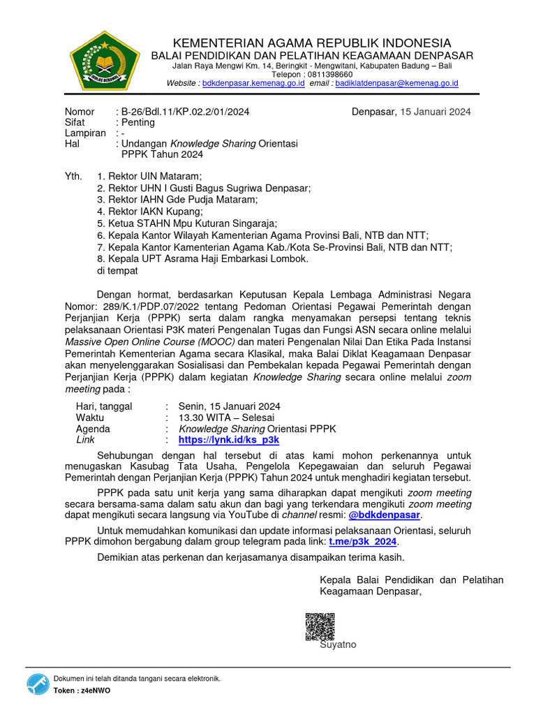 Undangan Knowledge Sharing Orientasi PPPK 2024 | PDF