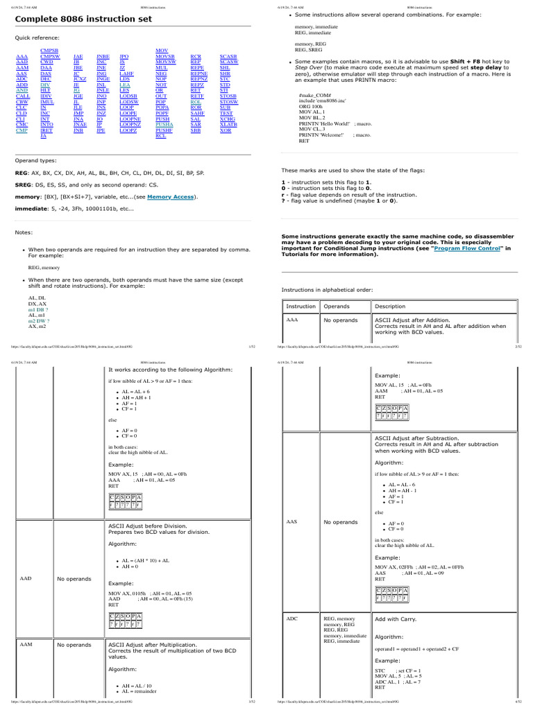 8086 Instruction Set Reference | PDF | Binary Coded Decimal | Central ...