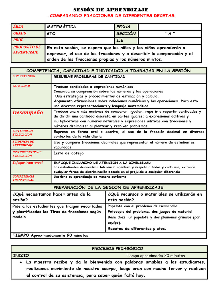 Comparación de Fracciones en Recetas | PDF | Aprendizaje | Evaluación