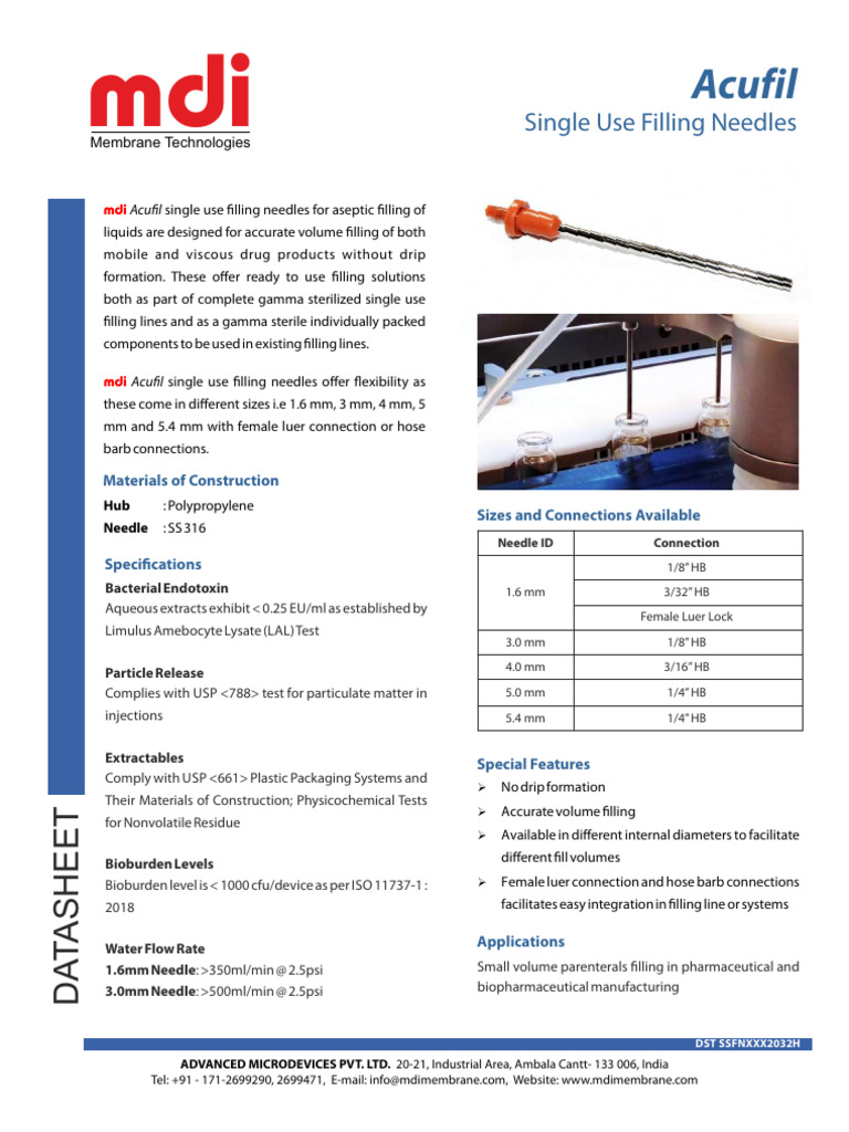 Datasheet Acufil Filling Needles | PDF | Pharmacology | Medical Treatments