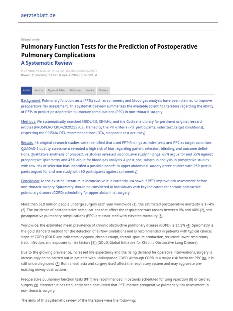 Pulmonary Function Tests For The Prediction of Postoperative Pulmonary ...