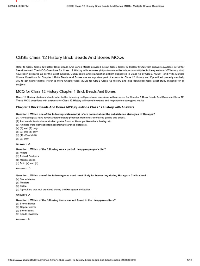 Brick Beads and Bones MCQS, PDF | PDF | Multiple Choice