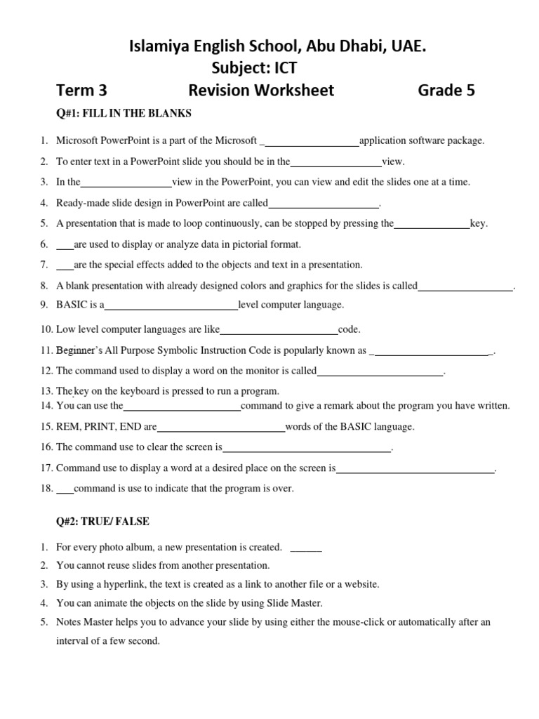 Grade 5 ICT Revision Worksheet | PDF | Microsoft Power Point | Computer ...