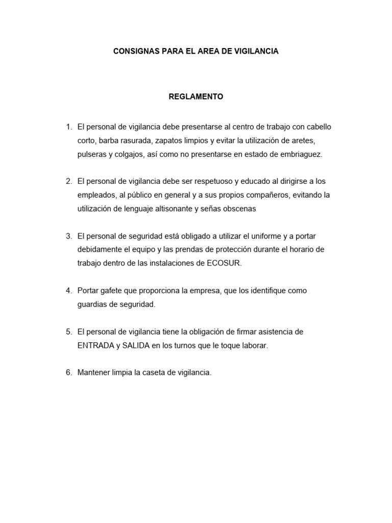 CONSIGNAS PARA EL AREA DE VIGILANCIA | PDF