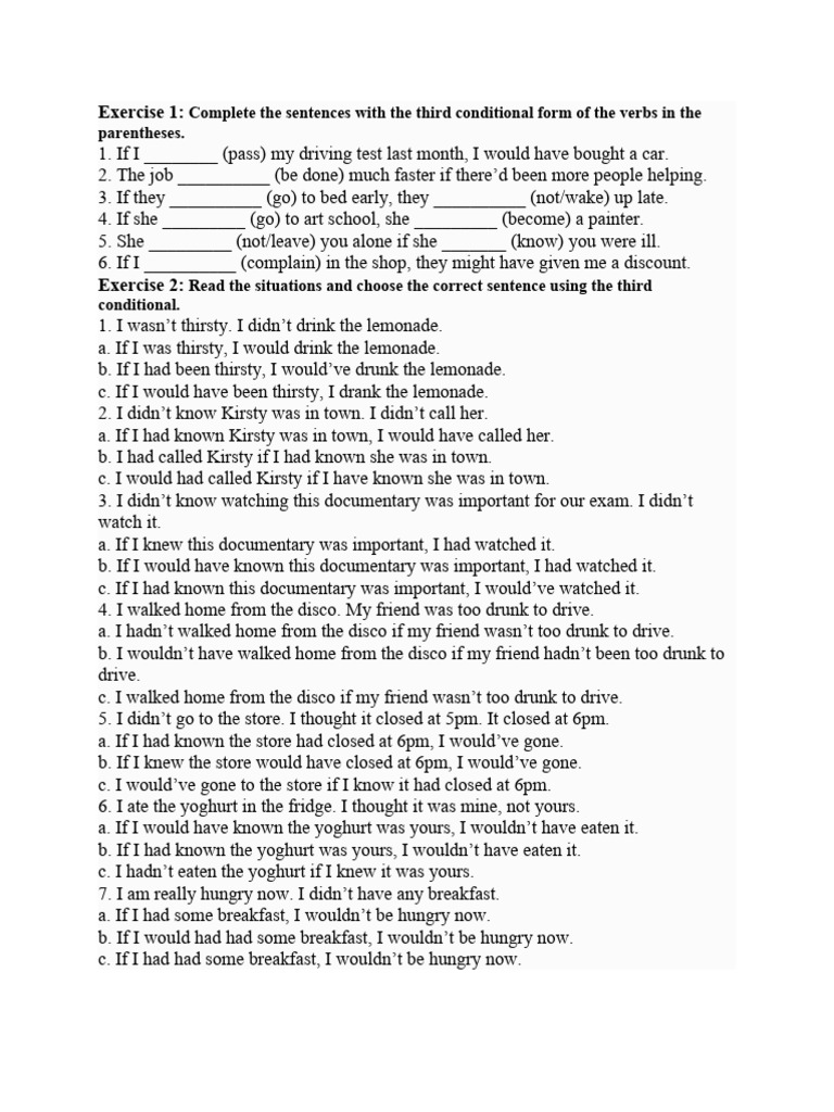 Exercise 1:: Complete The Sentences With The Third Conditional Form of ...