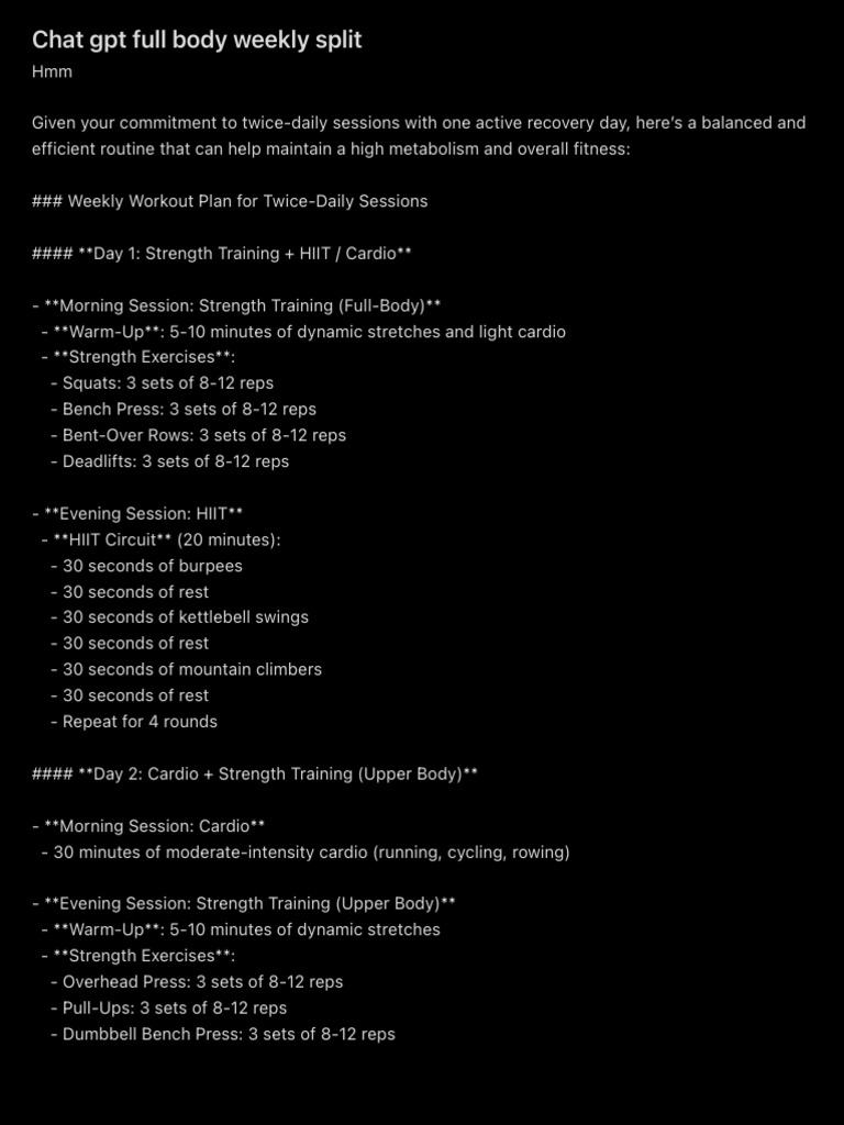 Chat GPT Full Body Weekly Split | PDF | Kettlebell | Strength Training