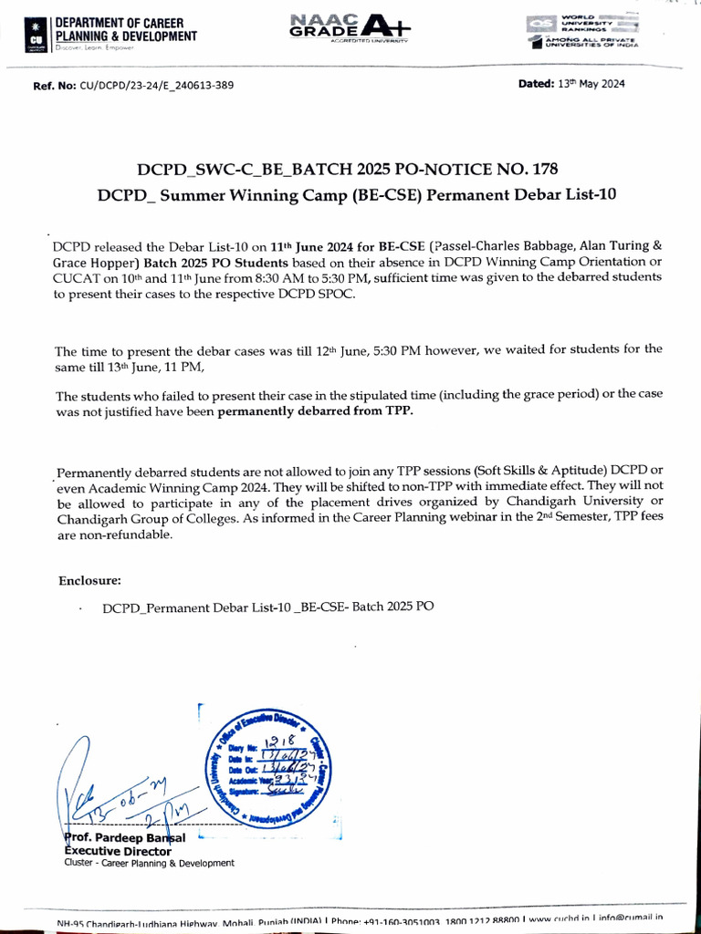 DCPD - Permanent Debar List-10 - BE-CSE-Batch 2025 PO | PDF