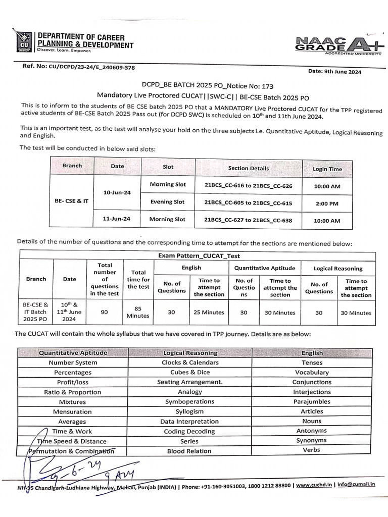 Live Proctured CUCAT - 09.06.24 | PDF