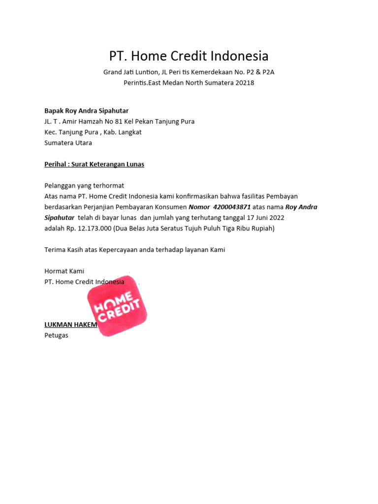 Surat Keterangan Lunas Home Credit | PDF | Pengelolaan Keuangan & Uang ...