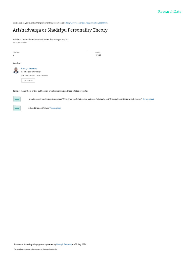 Arishadvargaor Shadripu Personality Theory | PDF | Envy | Lust