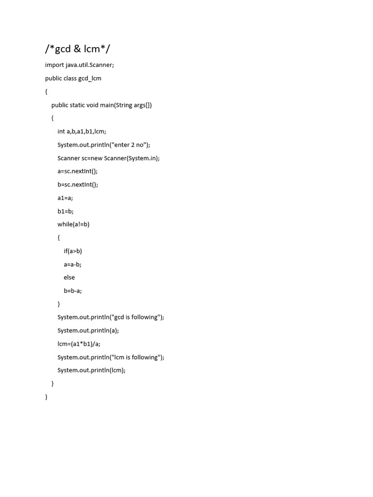 GCD and LCM Calculation in Java | PDF | Computers | Technology & Engineering