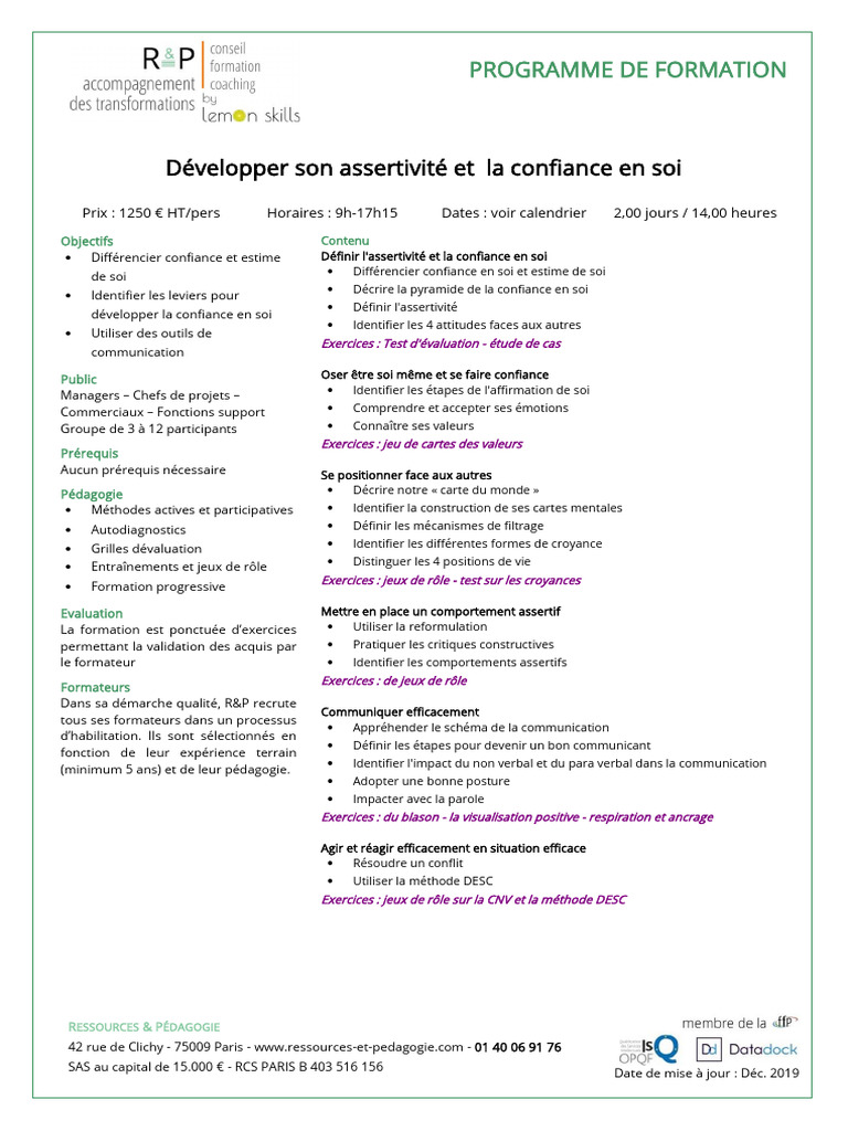 Formation Assertivité et Confiance en Soi | PDF | Pédagogie | la ...