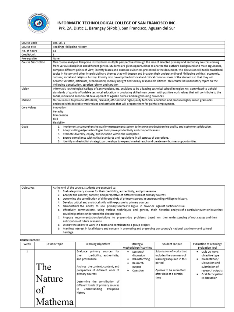 Reading in Philippine History Syllabus | PDF | Evaluation | Primary Sources