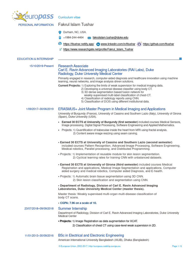 Fakrul Islam Tushar CV 2020 | PDF | Image Segmentation | Ct Scan